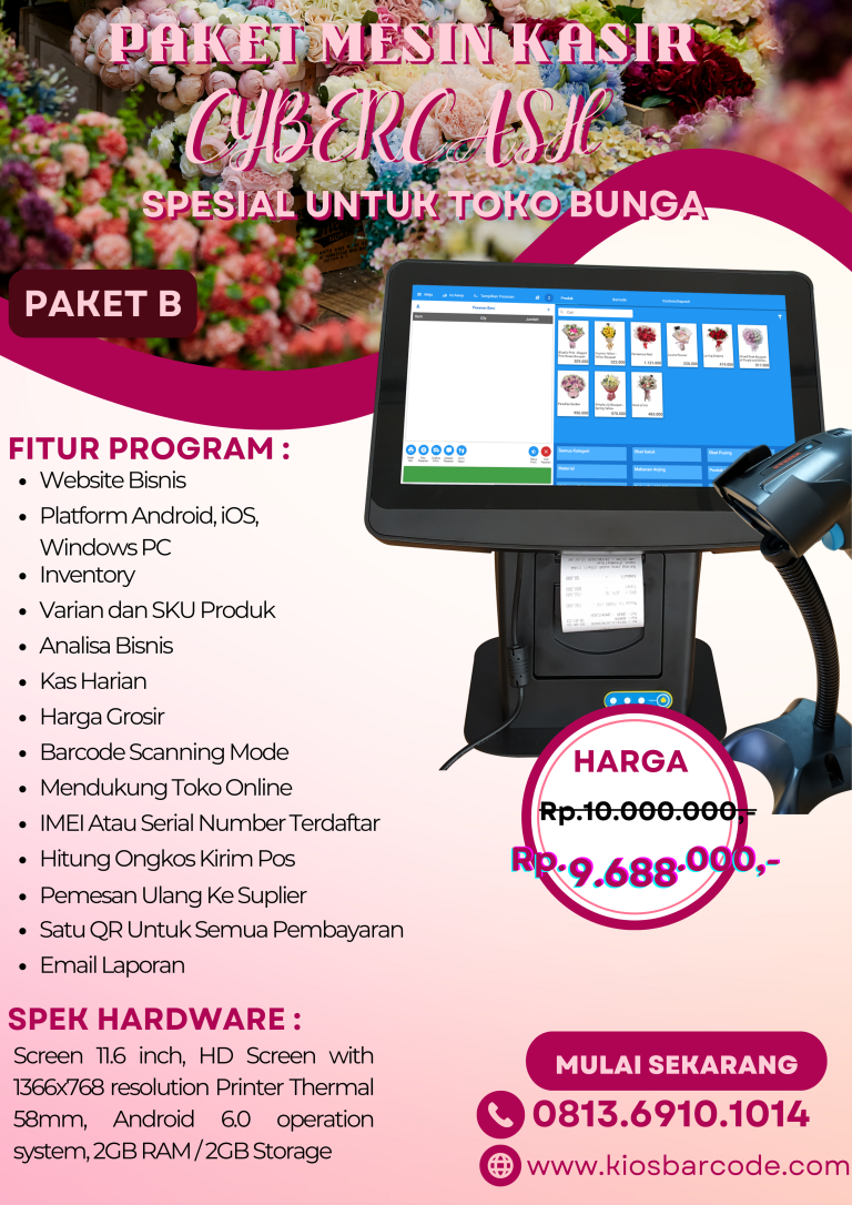 Paket Mesin Kasir Cybercash untuk Toko Bunga - Kios Barcode